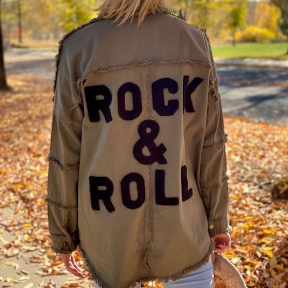 Elan | Jackets & Coats | Elan Devan Rock Roll Olive Green Appliqued ...
